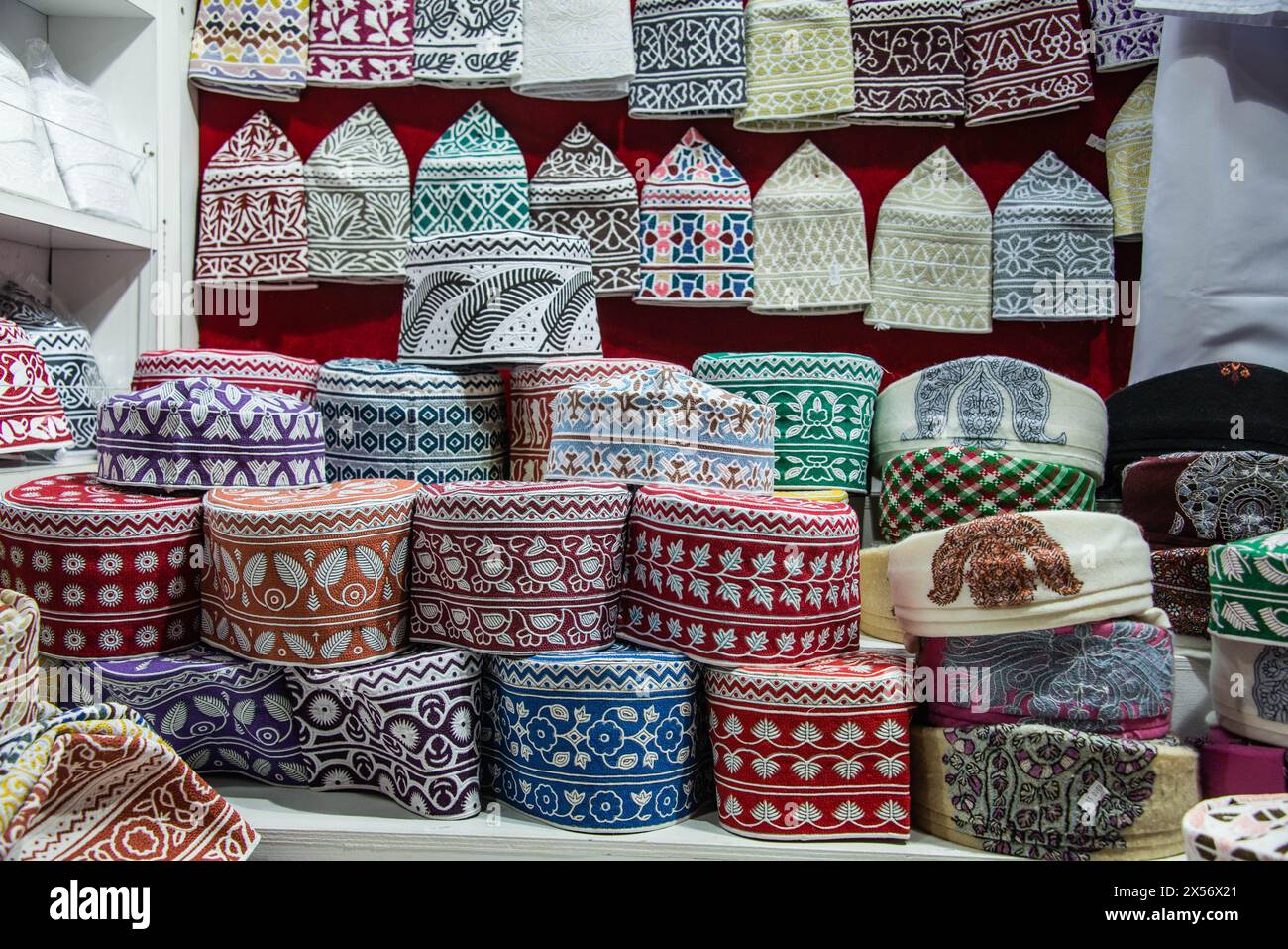 Traditional kuma caps for sale in the Mutrah Souq, Muscat, Oman Stock ...