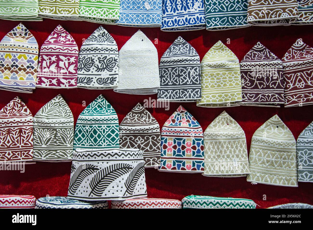 Traditional kuma caps for sale in the Mutrah Souq, Muscat, Oman Stock ...