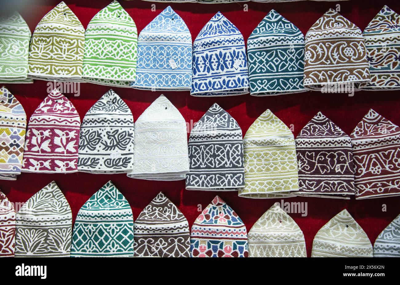 Traditional kuma caps for sale in the Mutrah Souq, Muscat, Oman Stock ...
