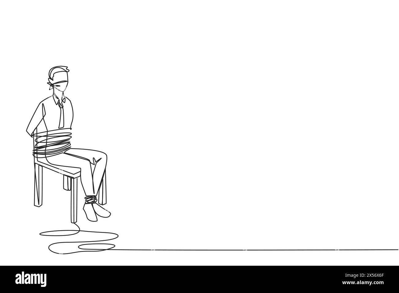 Single one line drawing businessman sat down, body and legs tied to ...