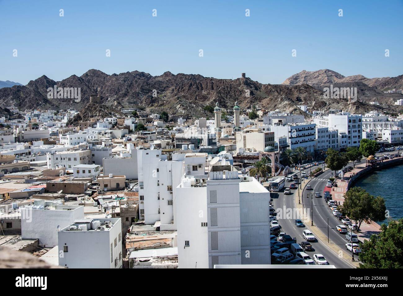 View of the Mutrah Corniche and Al Rasool Mosque, Muscat, Oman Stock ...