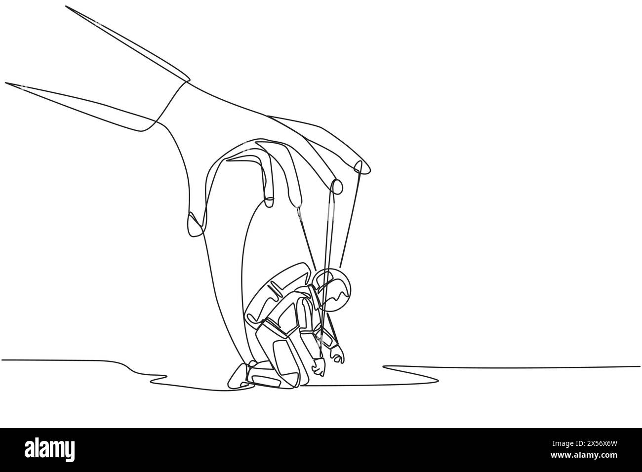 Continuous one line drawing astronaut kneel, entire body bound by rope ...