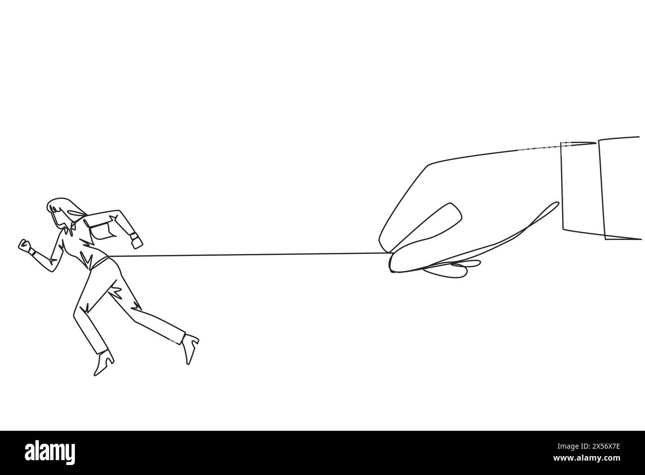 Continuous one line drawing businesswoman run but stomach is tied ...