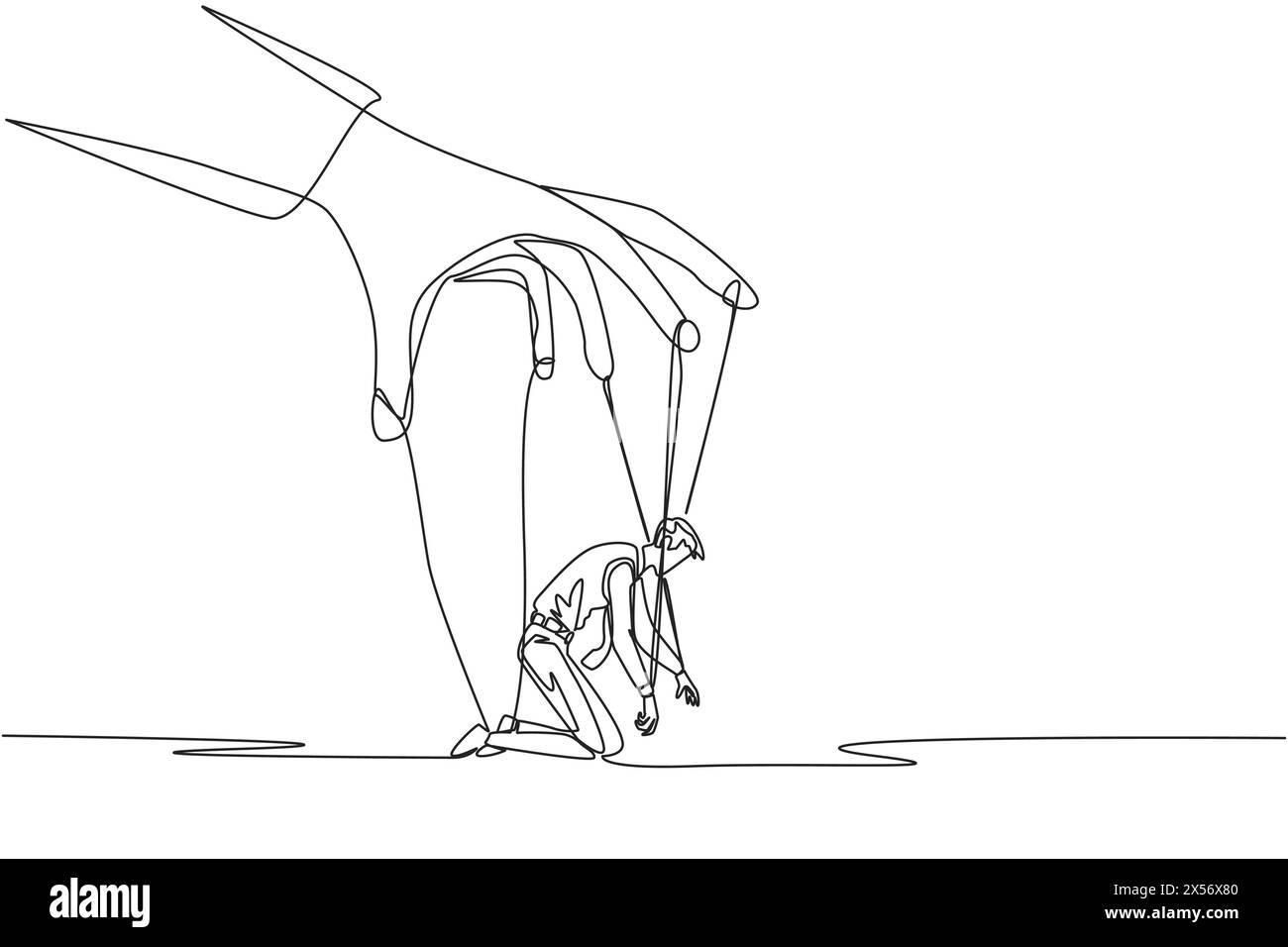 Single continuous line drawing businessman kneeling, entire body bound ...