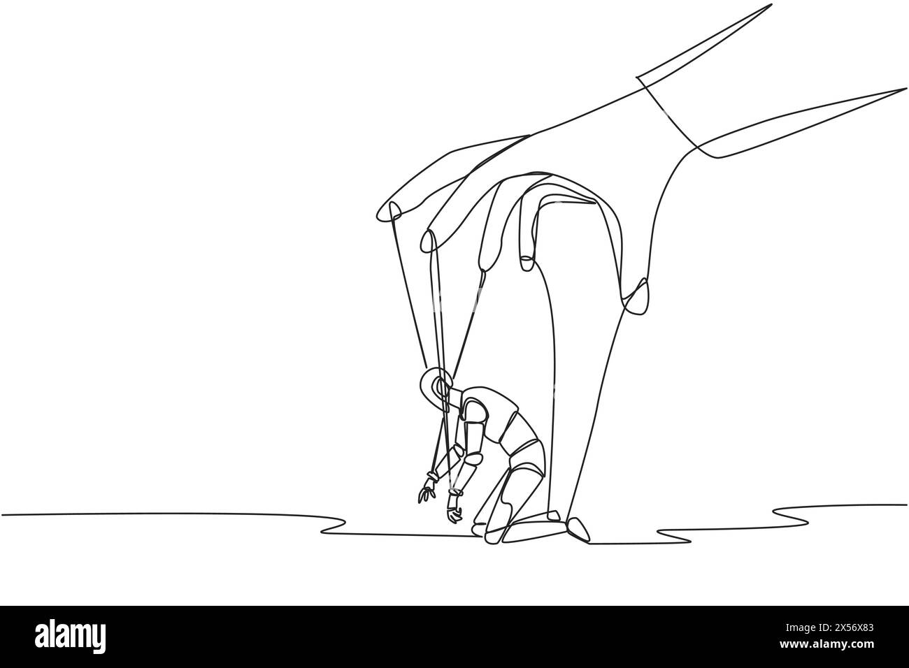 Single continuous line drawing robot kneel, entire body bound by ropes ...