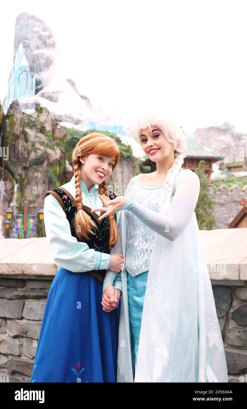 Urayasu, Japan. 7th May, 2024. Disney movie "Frozen" characters Anna (L ...