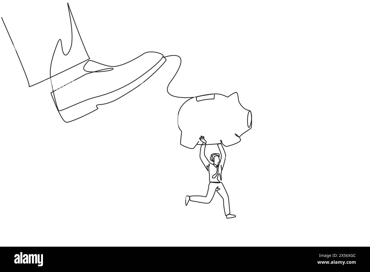 Continuous one line drawing businessman carrying piggy bank run away ...