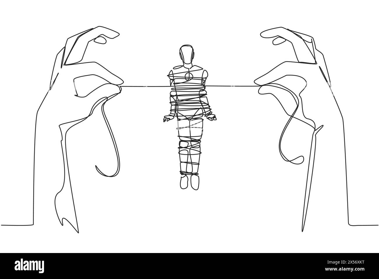 Single continuous line drawing robot standing and tied by a rope held ...