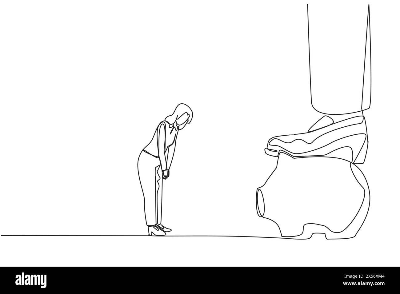 Continuous one line drawing businesswoman nodded in front of giant foot ...