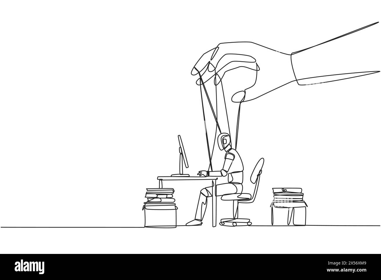 Single continuous line drawing robot typing on a laptop, hand moved by rope controlled by a ...