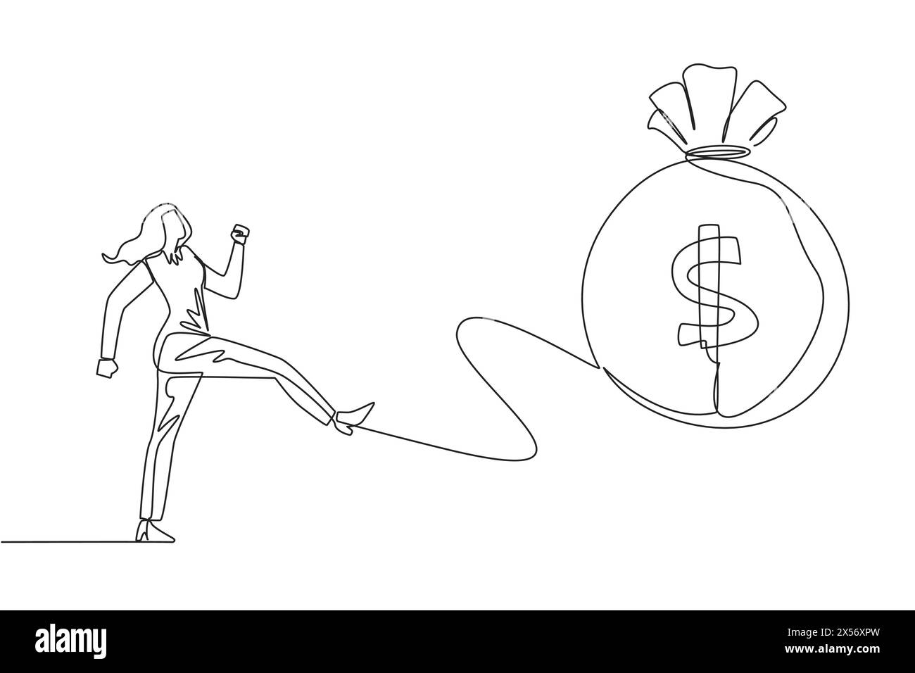 Single continuous line drawing businesswoman kicking the money bag ...