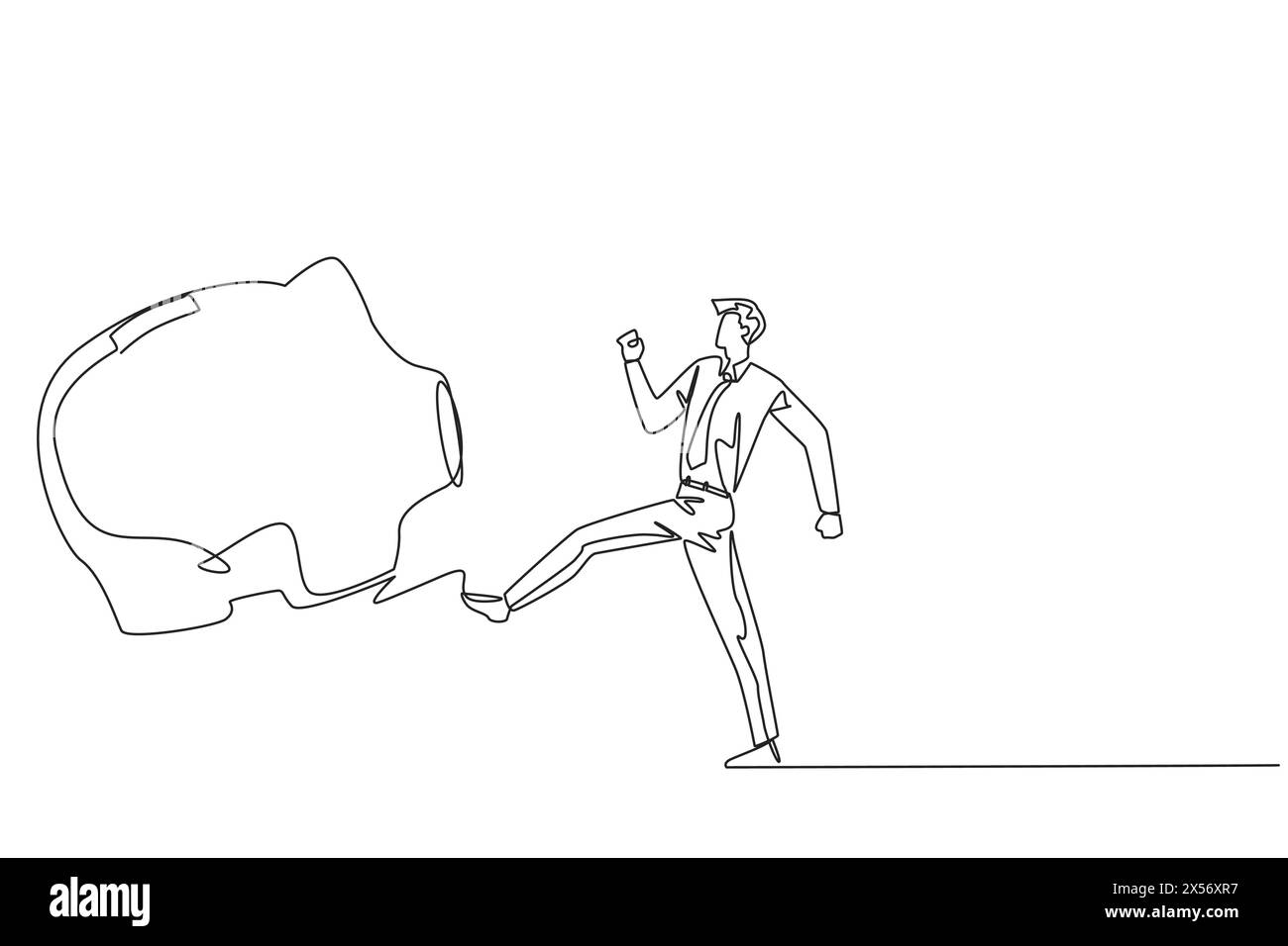 Continuous one line drawing businessman kicking piggy bank. The ...