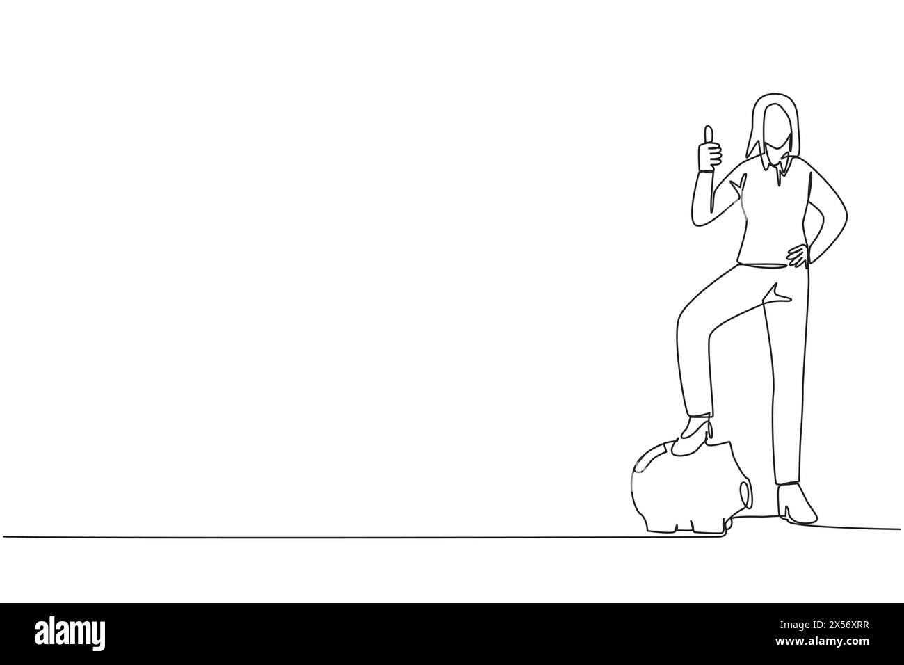 Single one line drawing businesswoman stands with thumbs up pose and ...