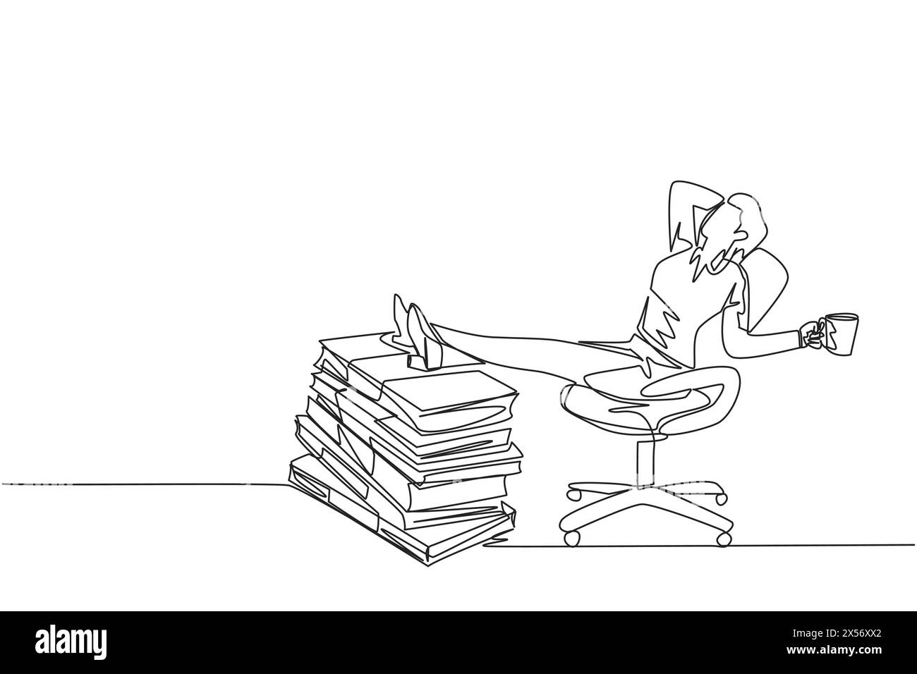 Single one line drawing businesswoman sitting relaxed in a work chair ...