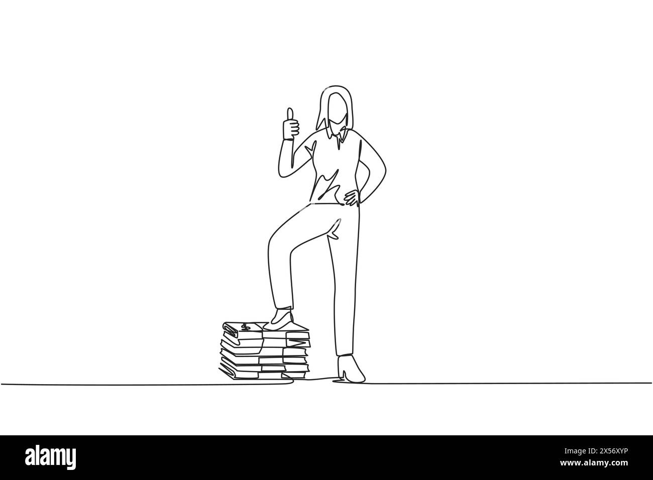 Continuous one line drawing businesswoman stands with thumbs up pose ...