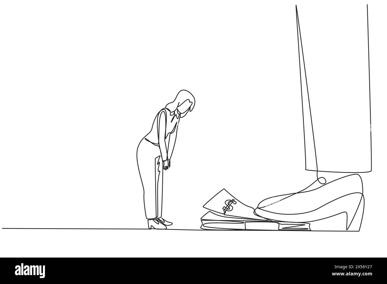 Single one line drawing businesswoman nodded in front of giant foot ...