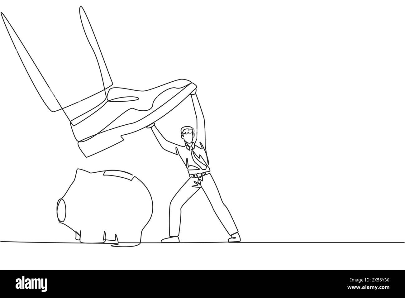 Single continuous line drawing businessman holds back giant foot wants ...