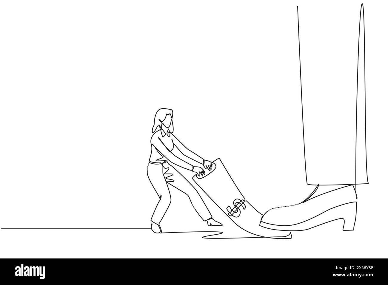 Continuous one line drawing businesswoman pulling banknotes that ...