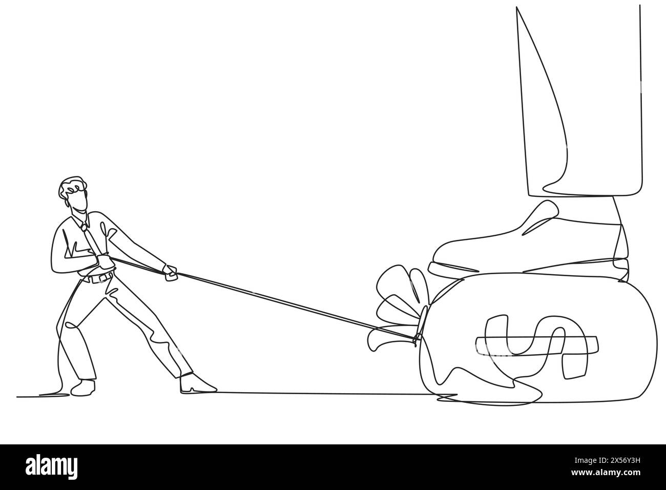 Continuous one line drawing tries to take money bag stepped on by giant ...