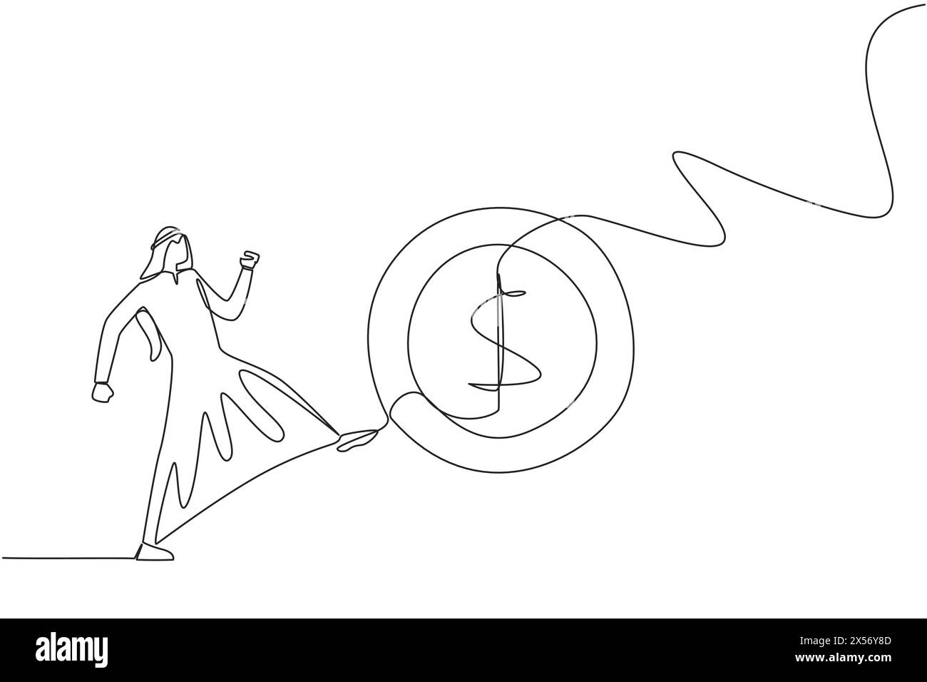 Single one line drawing Arabian businessman kicking a coin with a ...