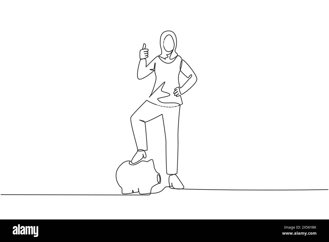 Single continuous line drawing Arab businesswoman with thumbs up pose ...