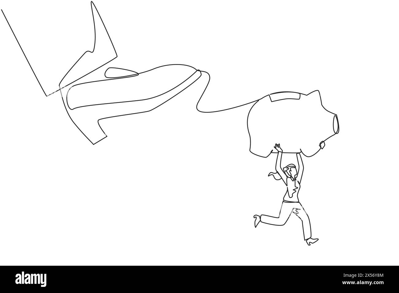 Single one line drawing businesswoman carrying piggy bank run away from ...