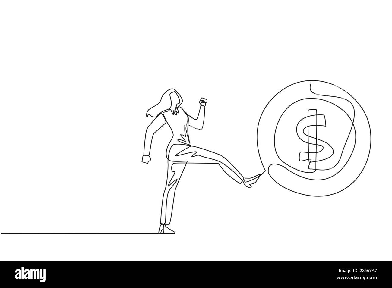 Single continuous line drawing businesswoman kicking big coin with a ...