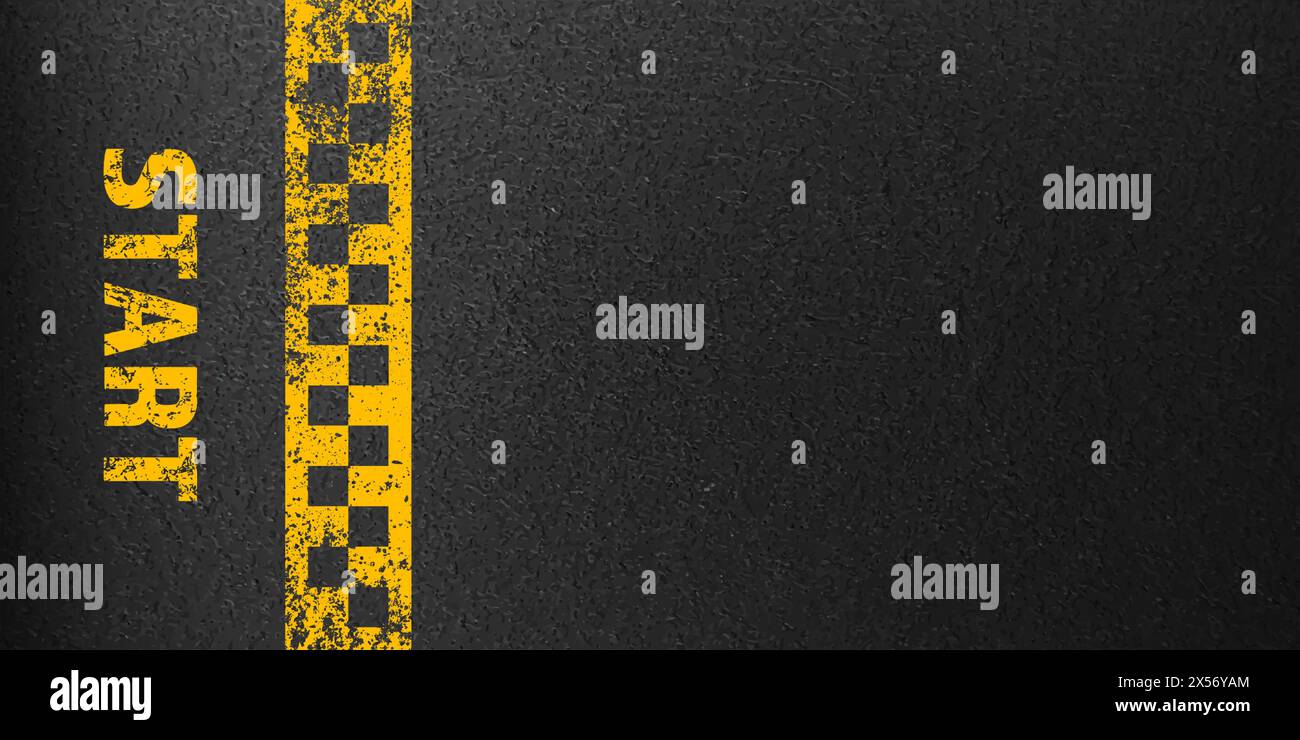 Asphalt road with yellow start line marking, concrete highway surface ...