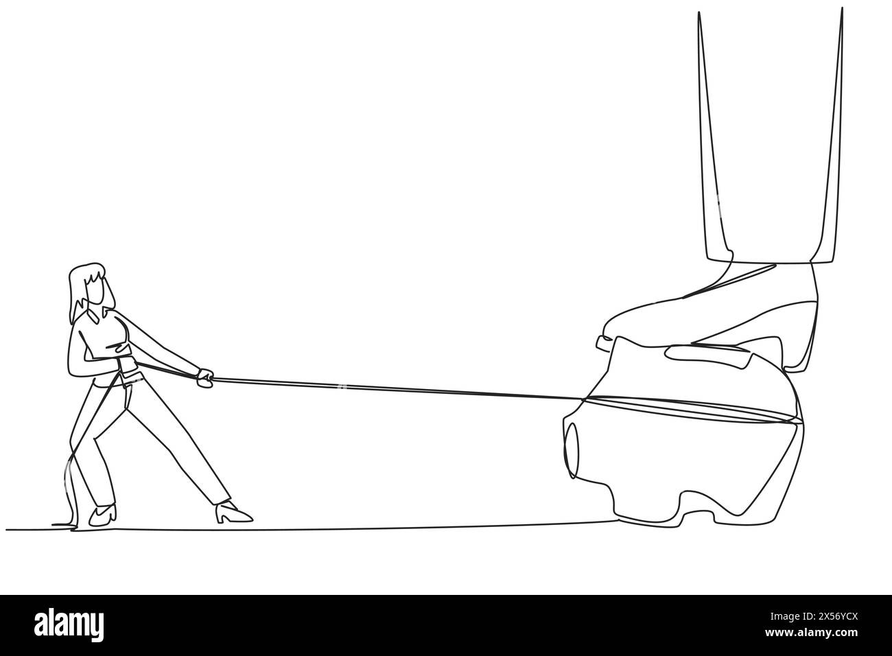 Single continuous line drawing businesswoman tries to take the piggy ...