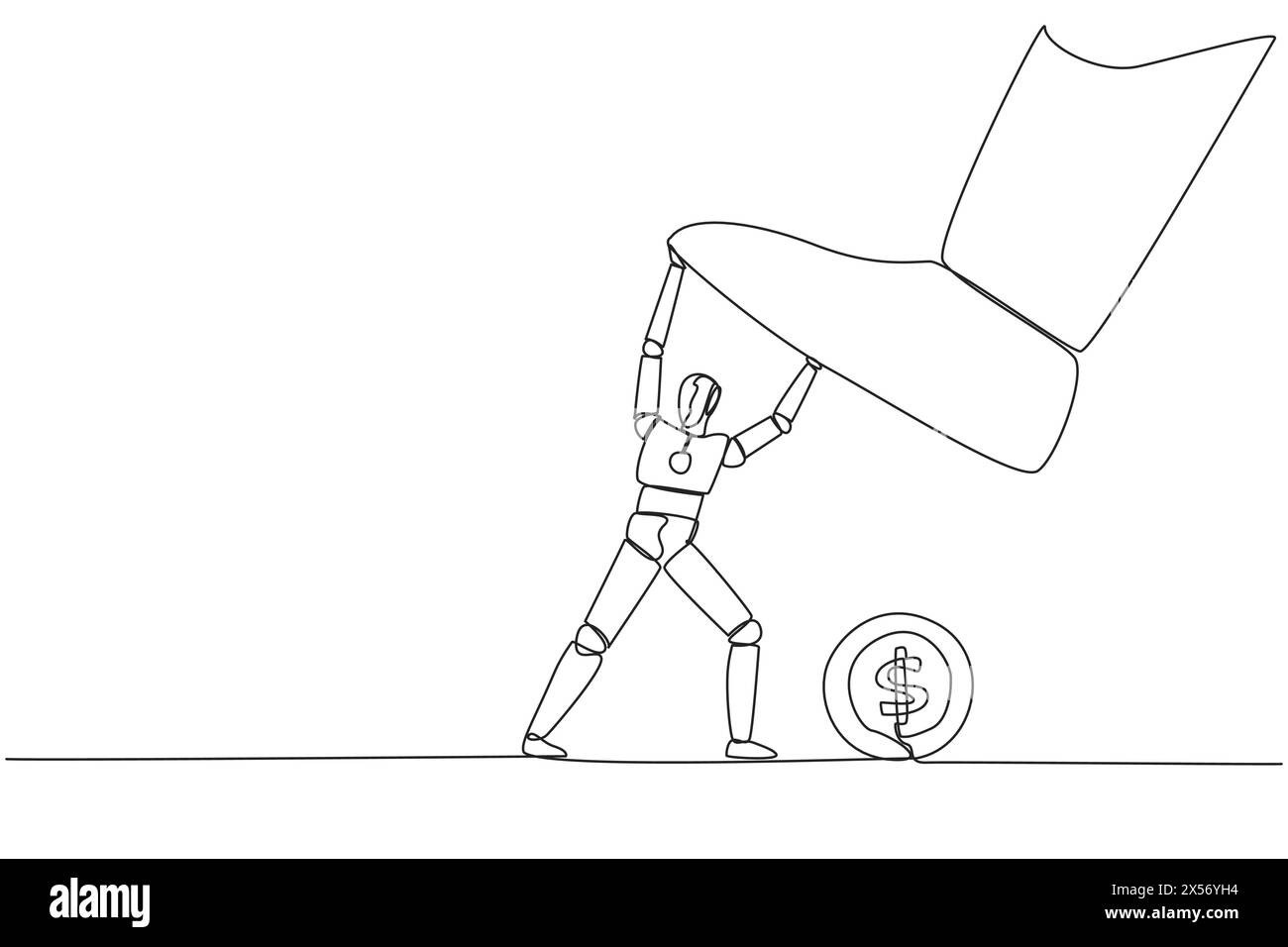 Single continuous line drawing smart robot holds back a giant foot ...