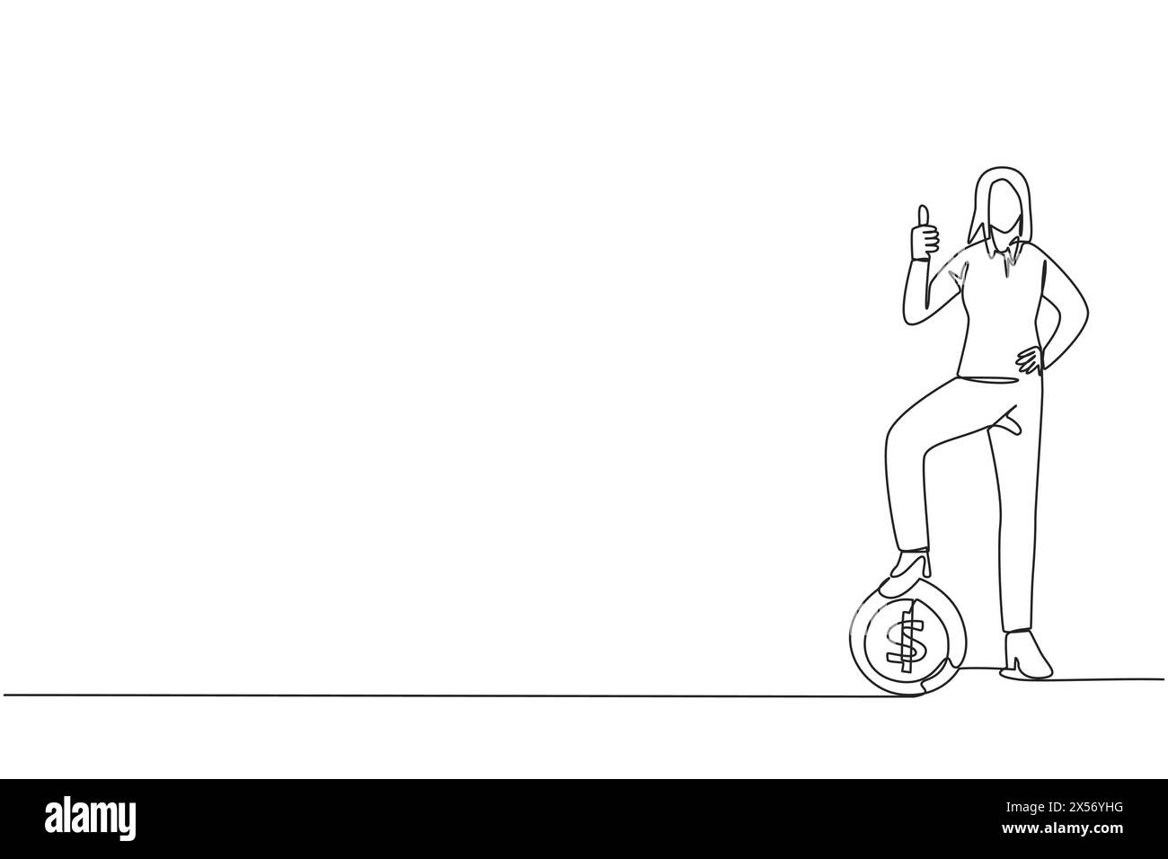 Single one line drawing businesswoman stands in a thumbs up pose and ...