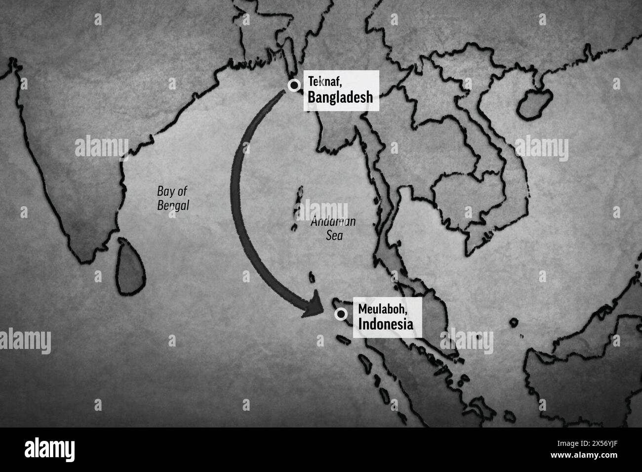 An illustrated map showing a general boat route. The Rohingya refugees ...
