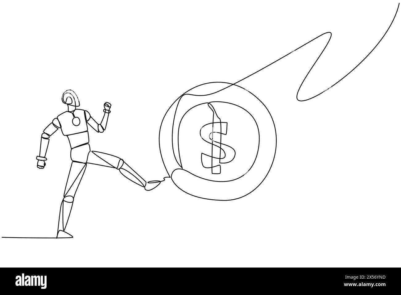 Single continuous line drawing robot kicking the big coin with a dollar ...