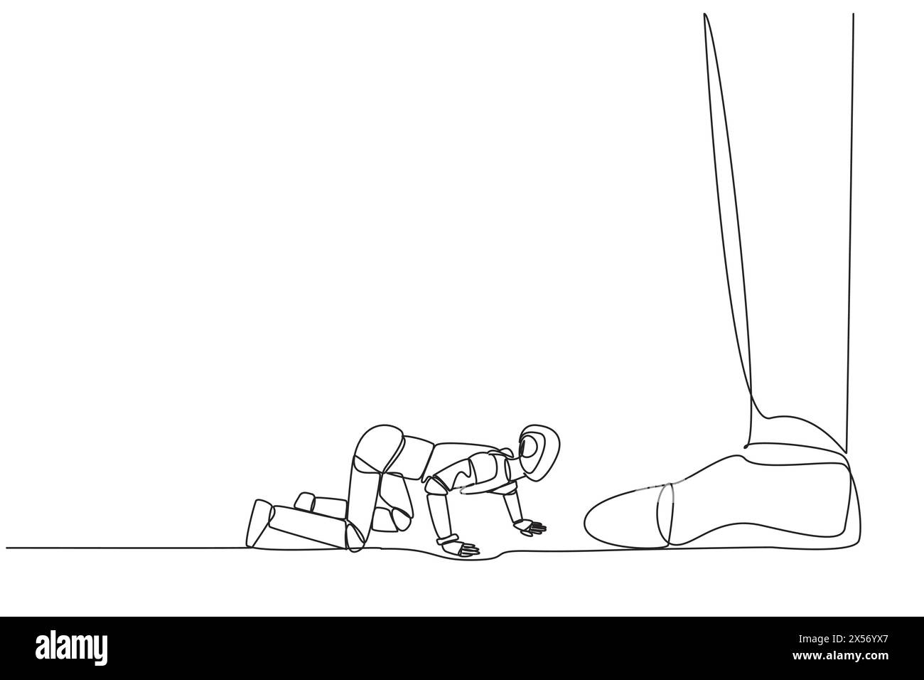 Single one line drawing the new robot kneels and licks giant foot ...