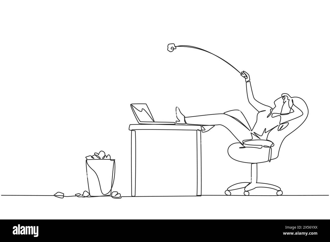 Continuous one line drawing businesswoman sitting in chair throwing ...