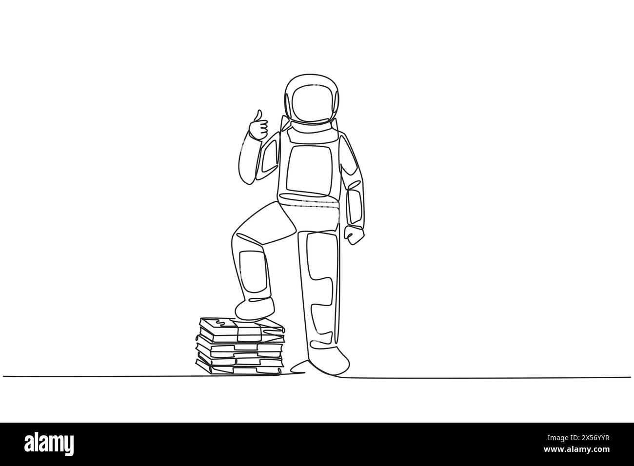 Continuous one line drawing astronaut stands with thumbs up pose and ...