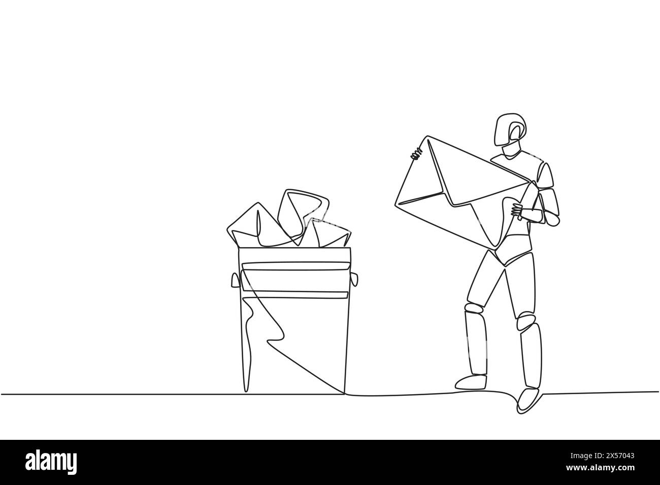 Single one line drawing robot throw large envelope in the trash ...