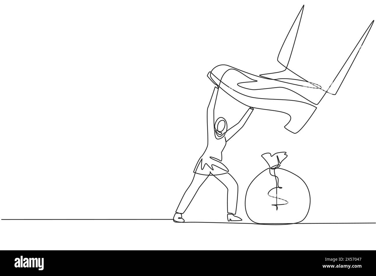 Single continuous line drawing Arabian businesswoman holds back giant ...