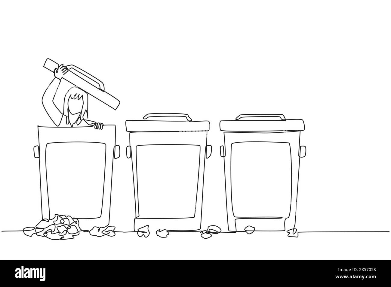 Single continuous line drawing businesswoman peeking out of trash can ...