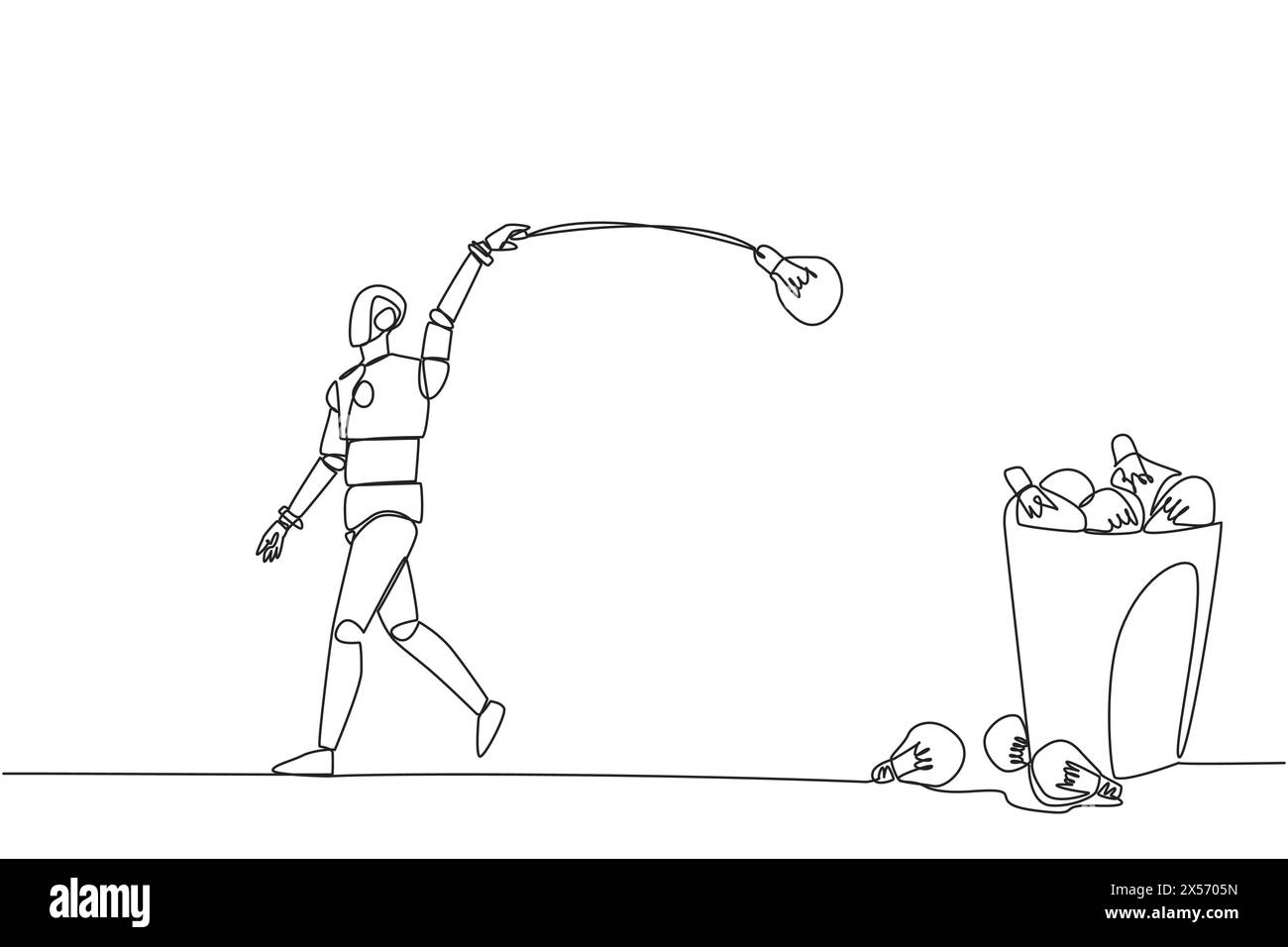 Single continuous line drawing robot walking throwing light bulbs into ...