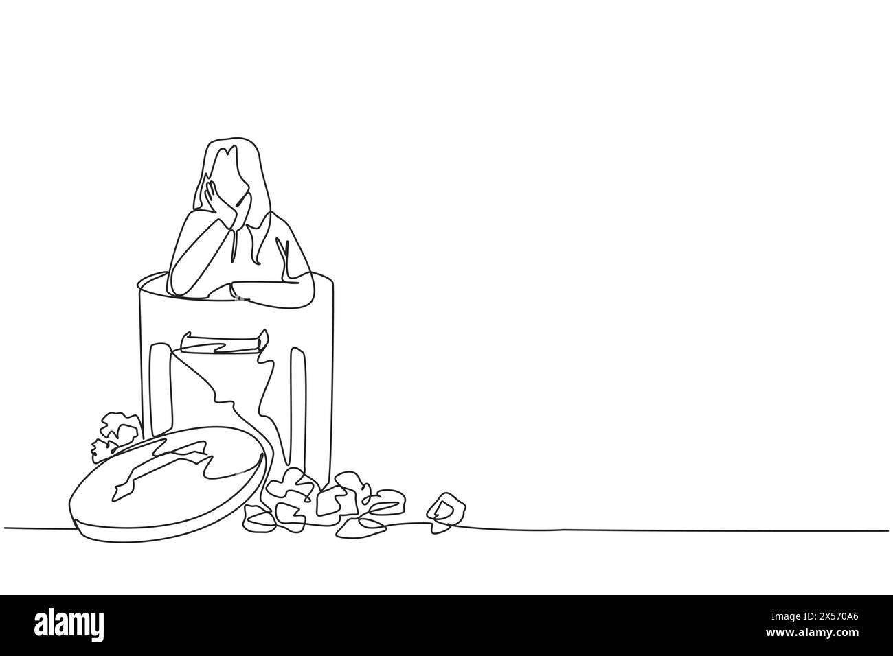 Single one line drawing a businesswoman is in the trash can. Poor ...