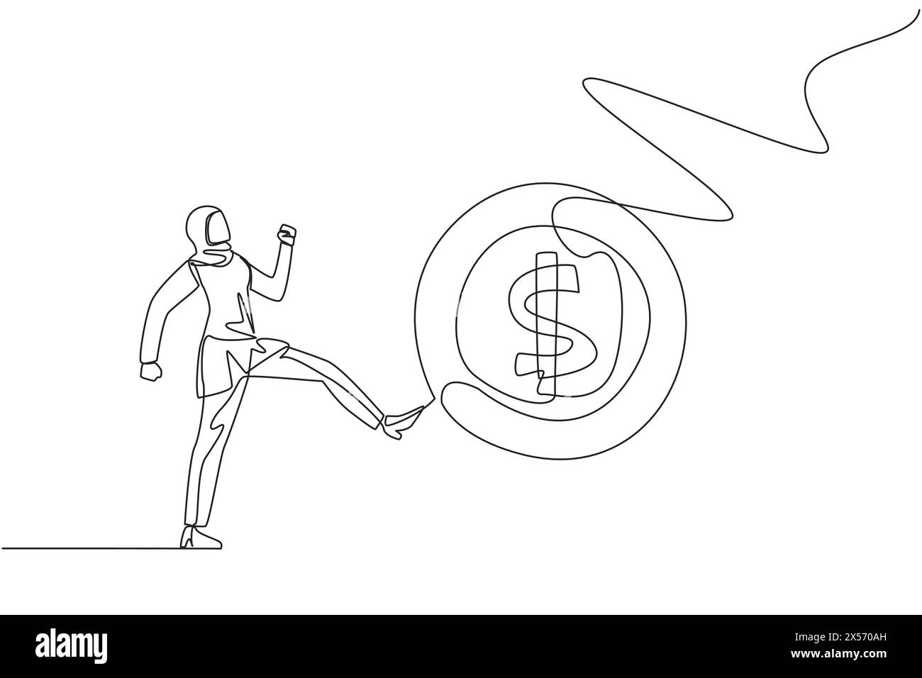 Continuous one line drawing angry Arabian businesswoman kicking a coin ...