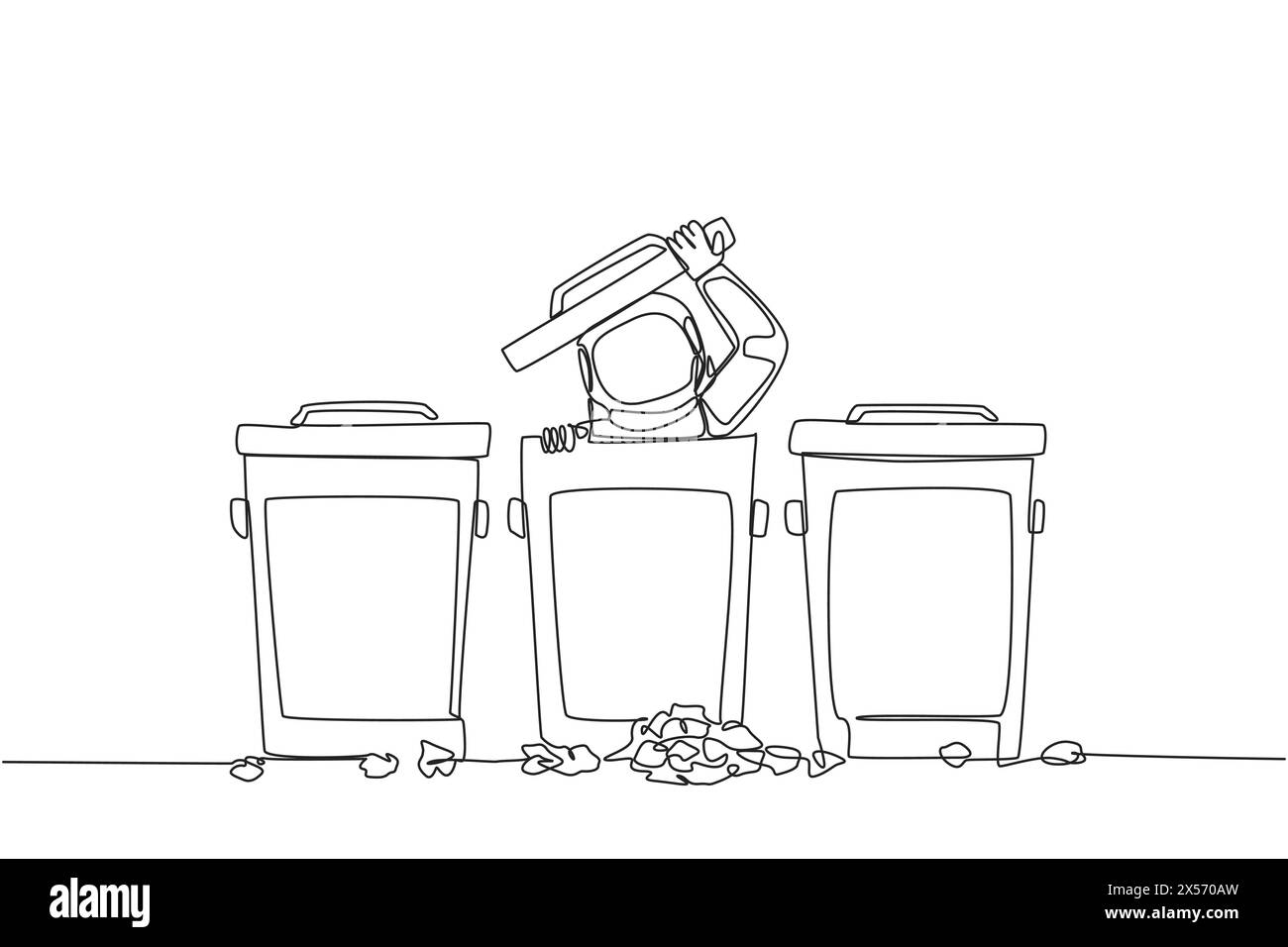 Single continuous line drawing astronaut peeking out of the trash can ...