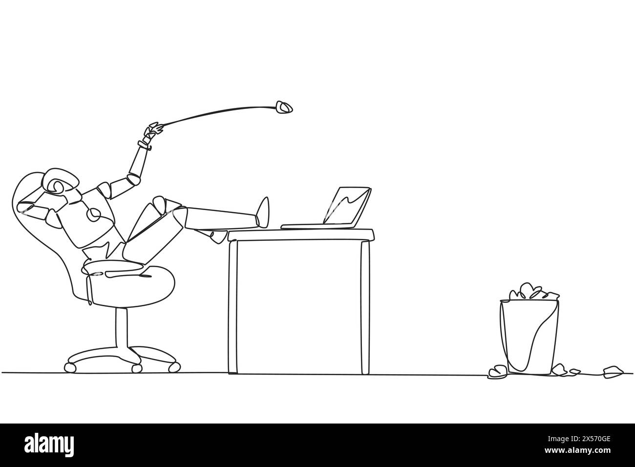 Single one line drawing robot sitting in chair throwing wads of paper ...