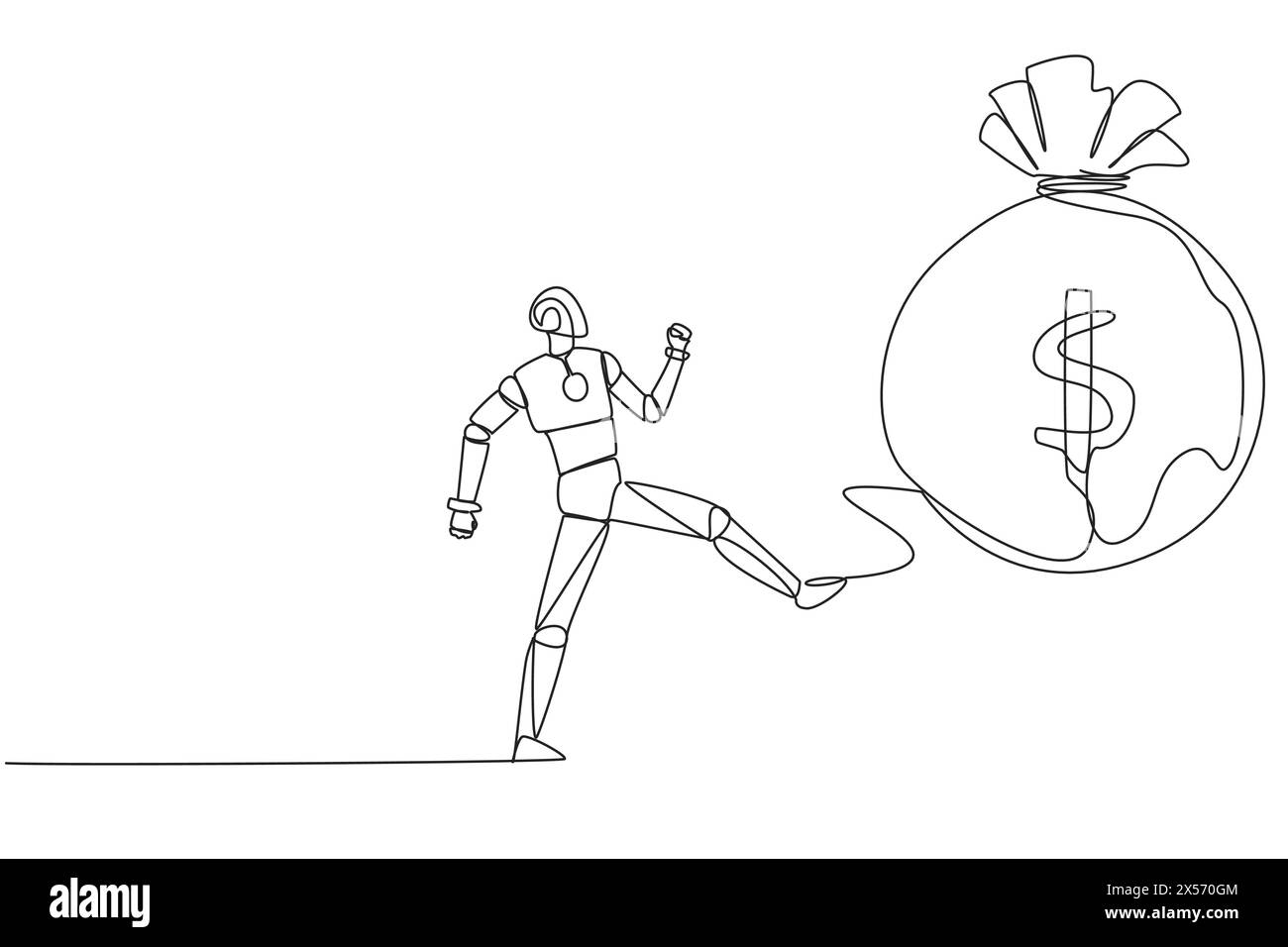 Single one line drawing smart robot kicking money bag. Freedom to act ... Single one line drawing smart robot kicking money bag. Freedom to act ...