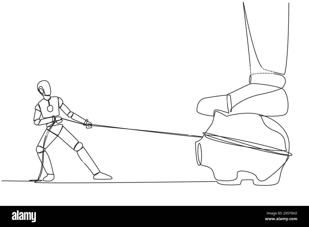 Single continuous line drawing smart robot tries to take piggy bank ...