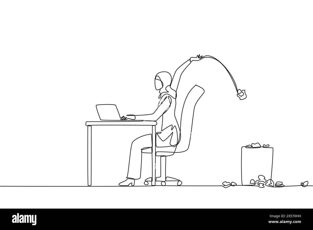Continuous one line drawing Arabian businesswoman typing at a work desk ...