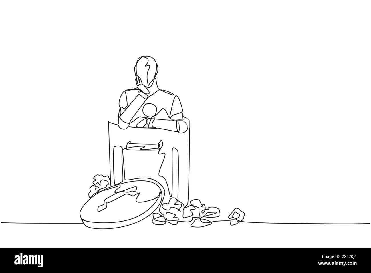 Single one line drawing robot is in the trash. Artificial intelligence ...