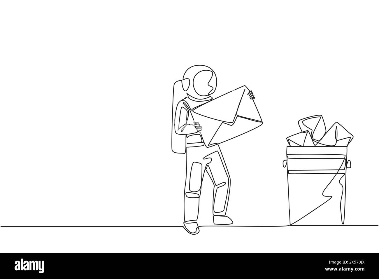 Continuous one line drawing astronaut throw large envelope in the trash ...