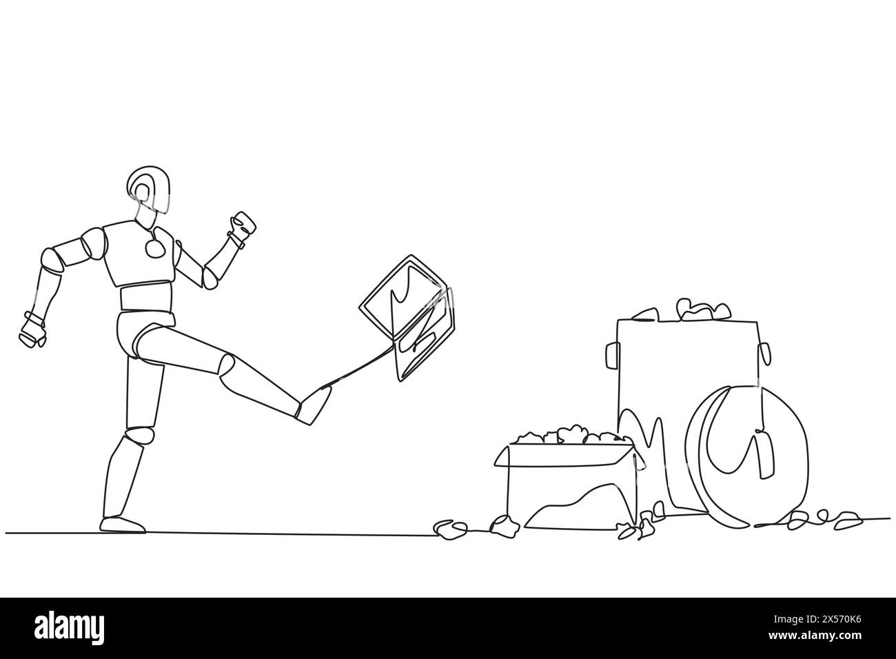 Continuous one line drawing emotional robot kicked laptop into the ...